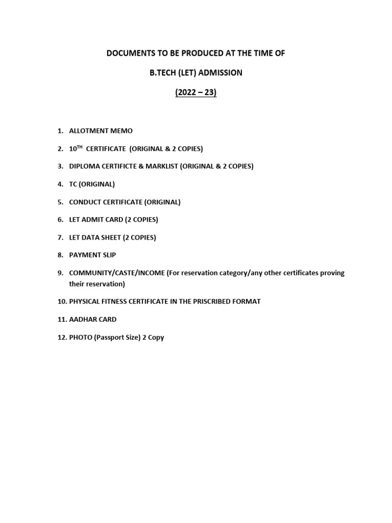 B.tech (LET) Documents To Be Produced (2022-23) | PDF