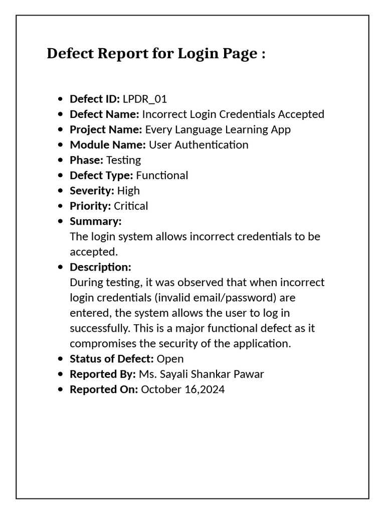 Defect Report For Login Page | PDF