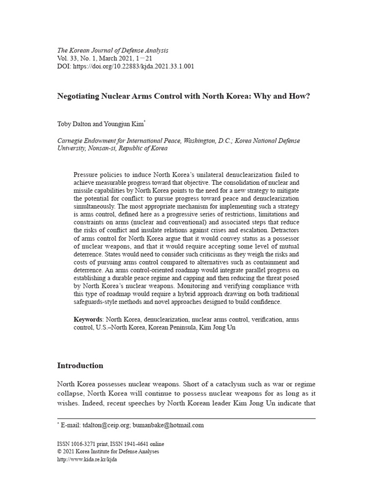 Toby Dalton and Youngjun Kim (2021) Negotiatingh Nuclear Arms Control With North Korea | PDF ...