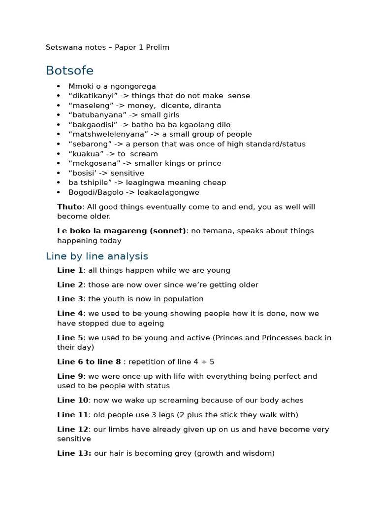 Setswana Notes - Prelims Paper 1 | PDF