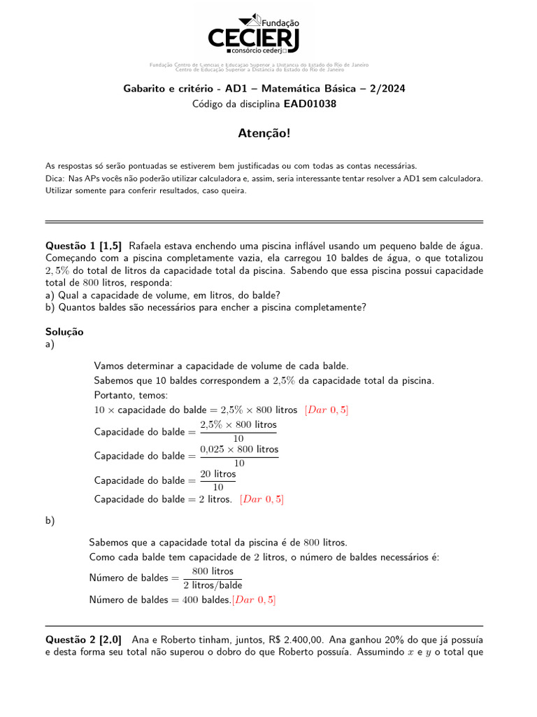 AD1-gabarito e Critério | PDF | Matemática elementar | Matemática