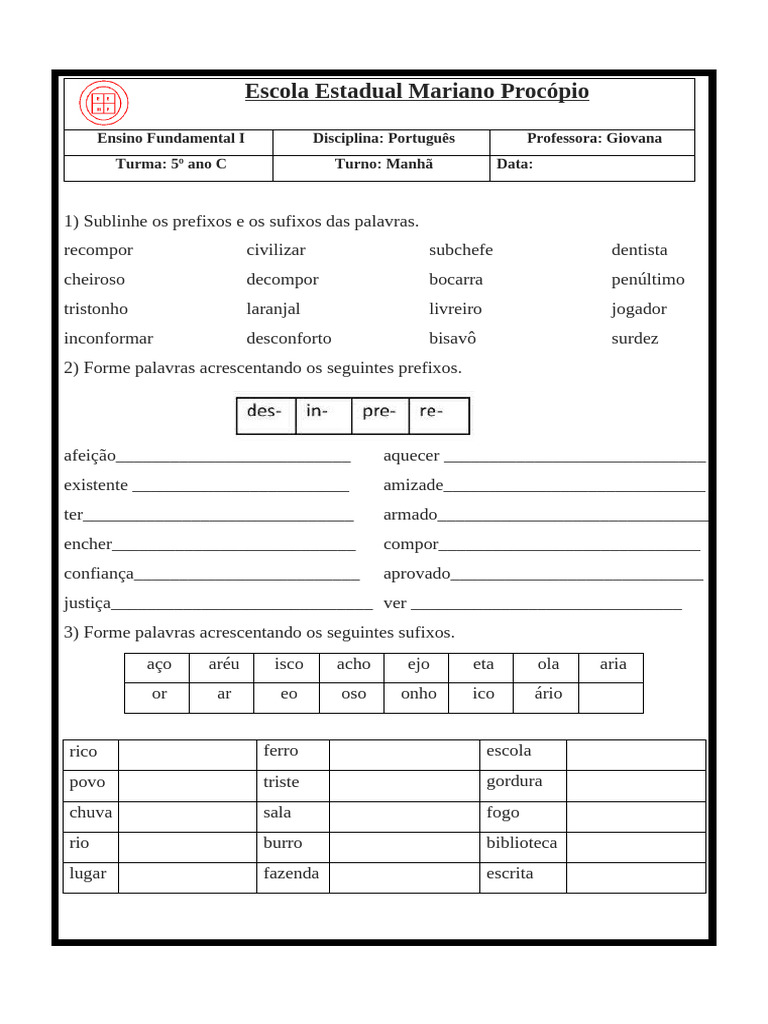 Atividade - Prefixo - Sufixo Fixação | PDF