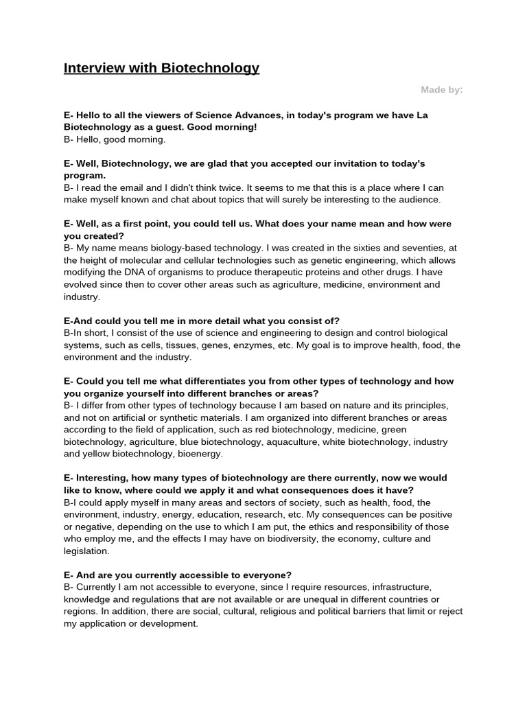 Interview With Biotechnology | PDF | Biotechnology | Science