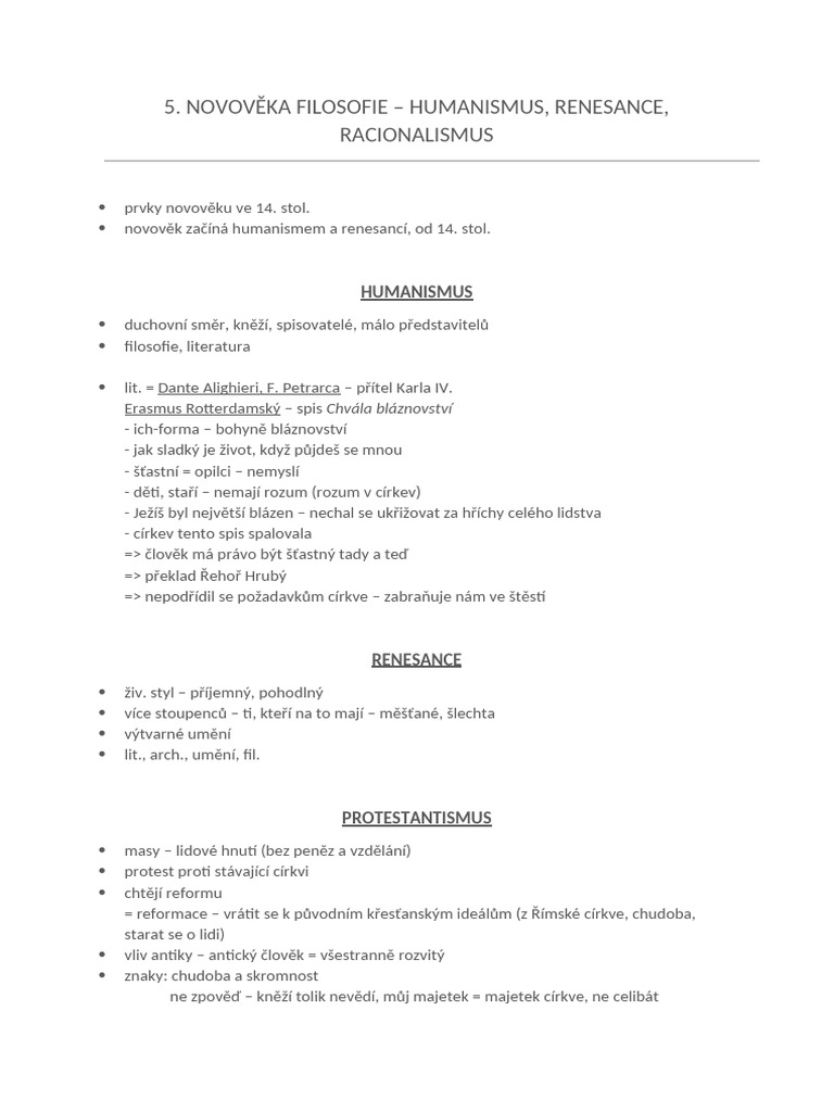 Novověka Filosofie - Humanismus, Renesance, Racionalismus | PDF