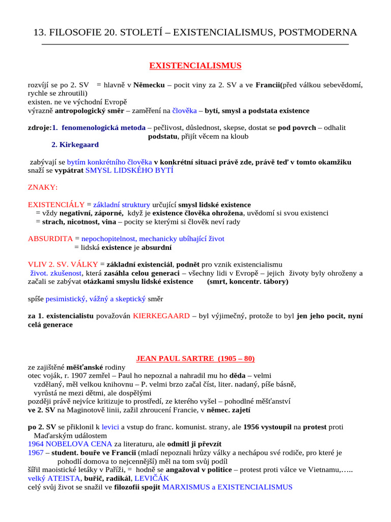 Filosofie 20. Stol. - Existencialismus, Postmoderna | PDF