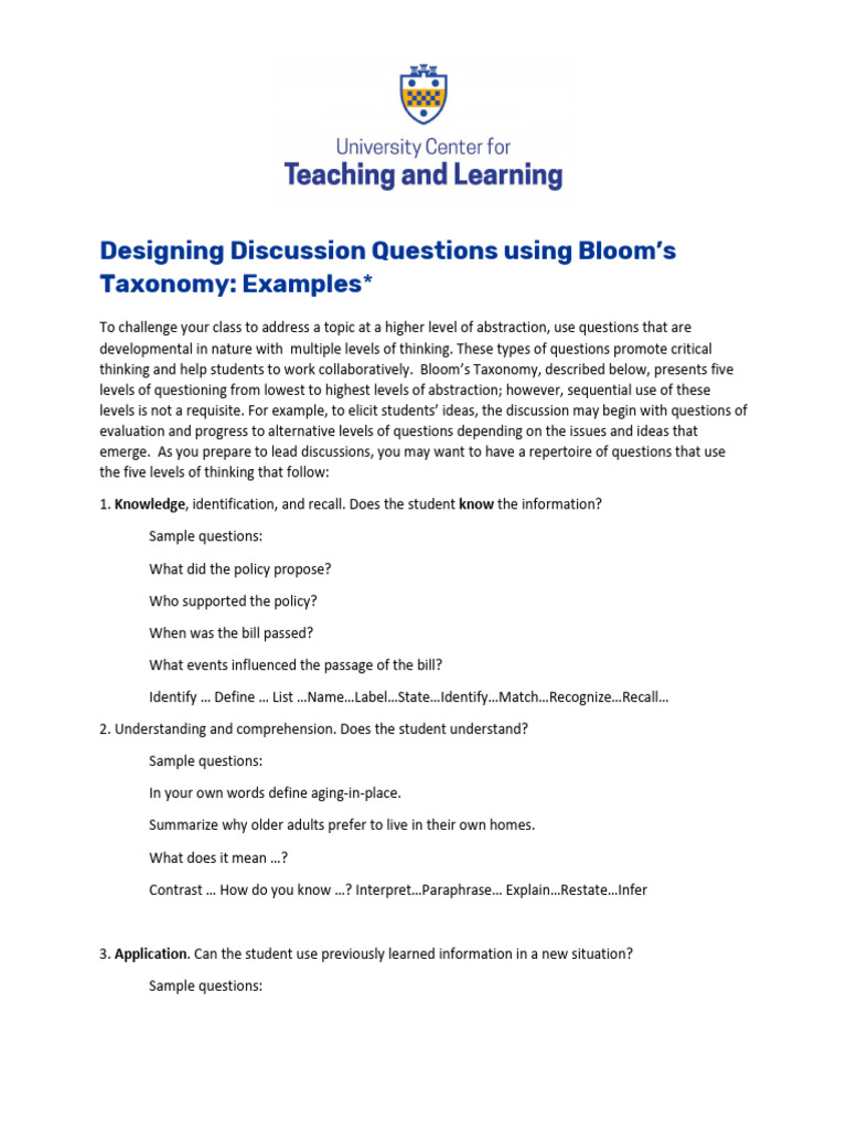 FLEX Designing Discussion Questions Using Blooms Taxonomy Examples ...