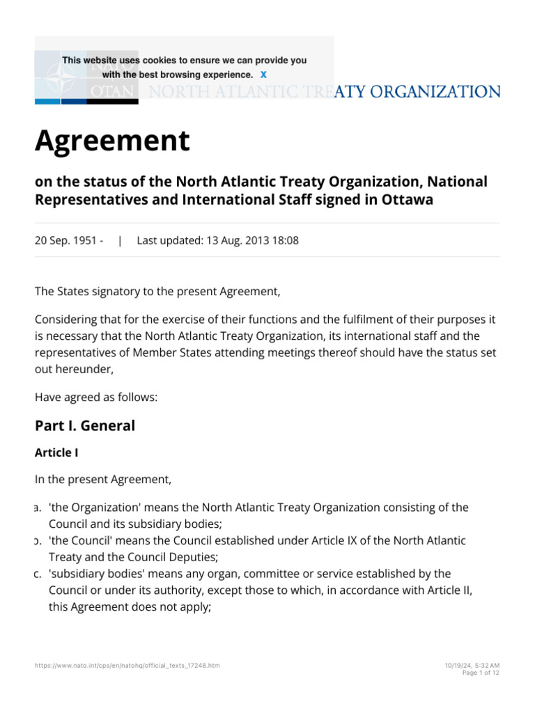 NATO - Official Text - Agreement On The Status of The North Atlantic ...