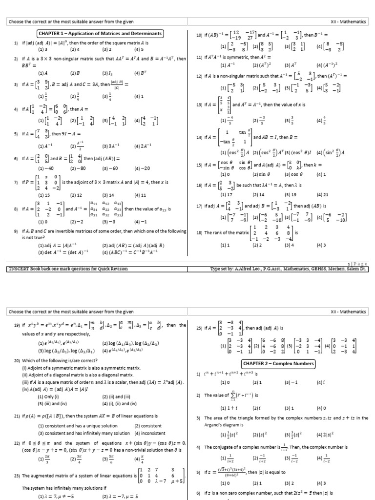 XII Maths Book Back MCQ EM | PDF | Matrix (Mathematics) | Geometry