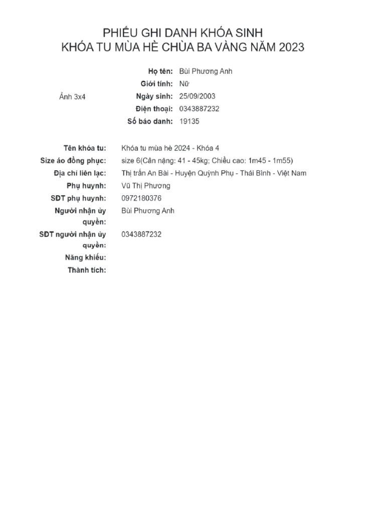 Phieu Ghi Danh | PDF