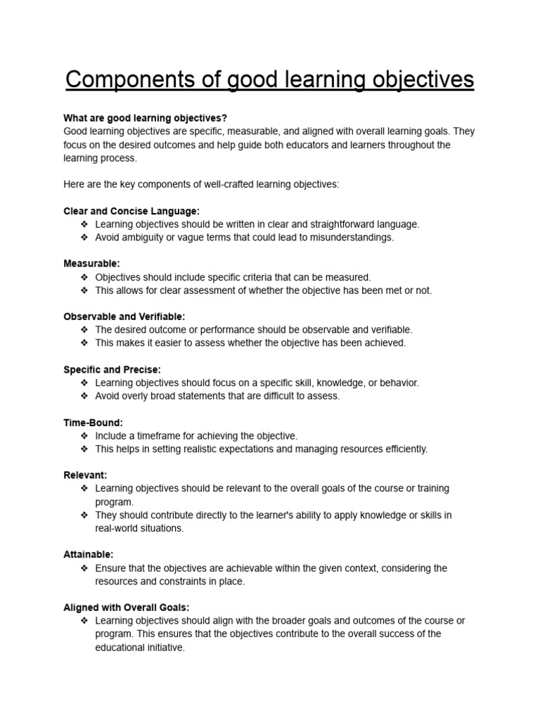 Components of Good Learning Objectives | PDF | Learning | Goal