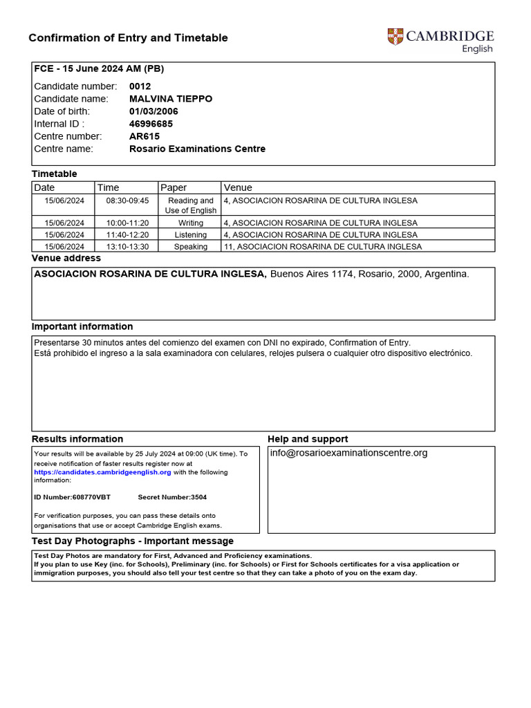 Confirmation of Entry and Timetable | PDF