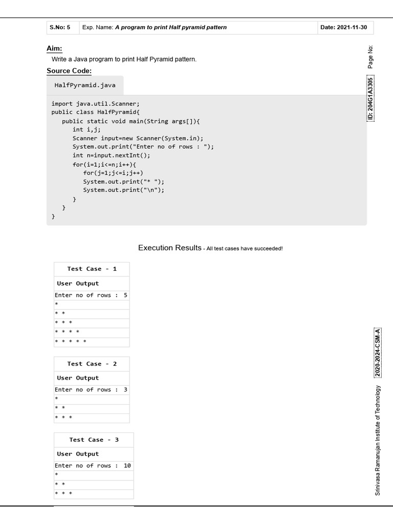 Java Half Pyramid Pattern Program | PDF