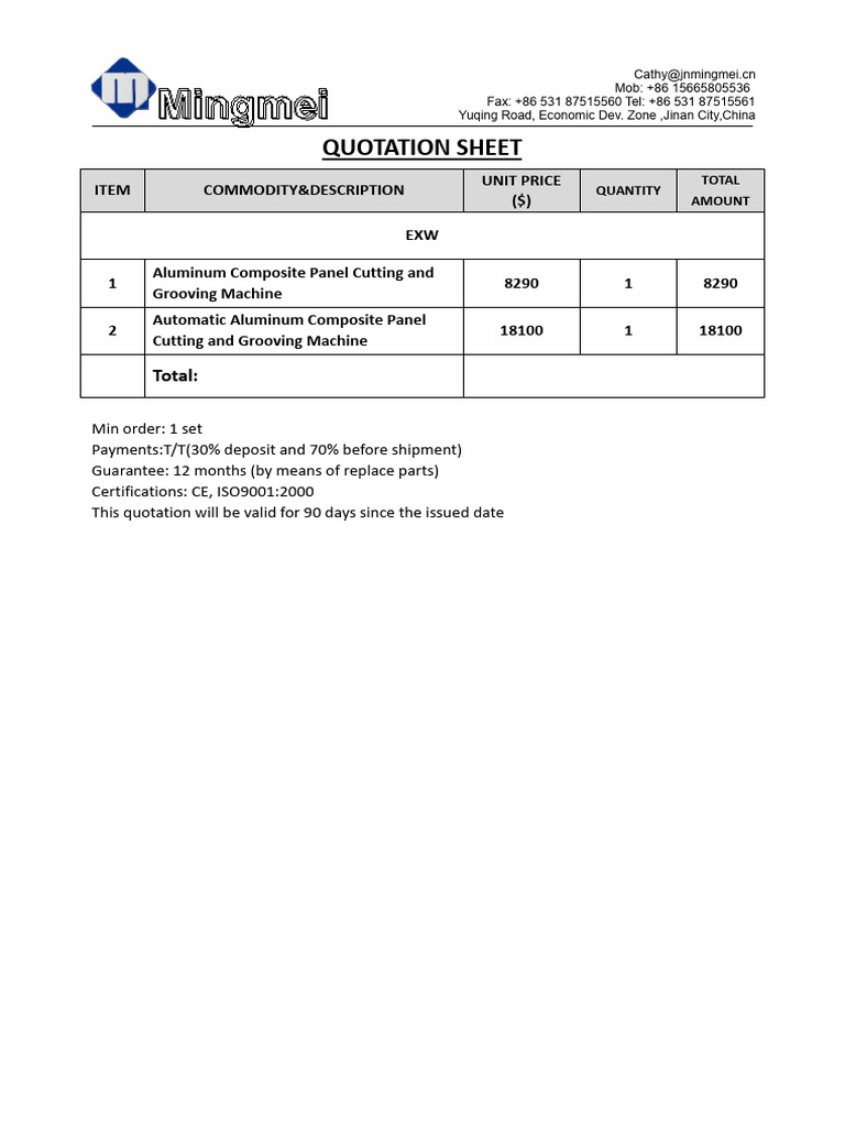 Quotation Sheet - LZBD-4200 Aluminum Composite Panel Cutting and ...