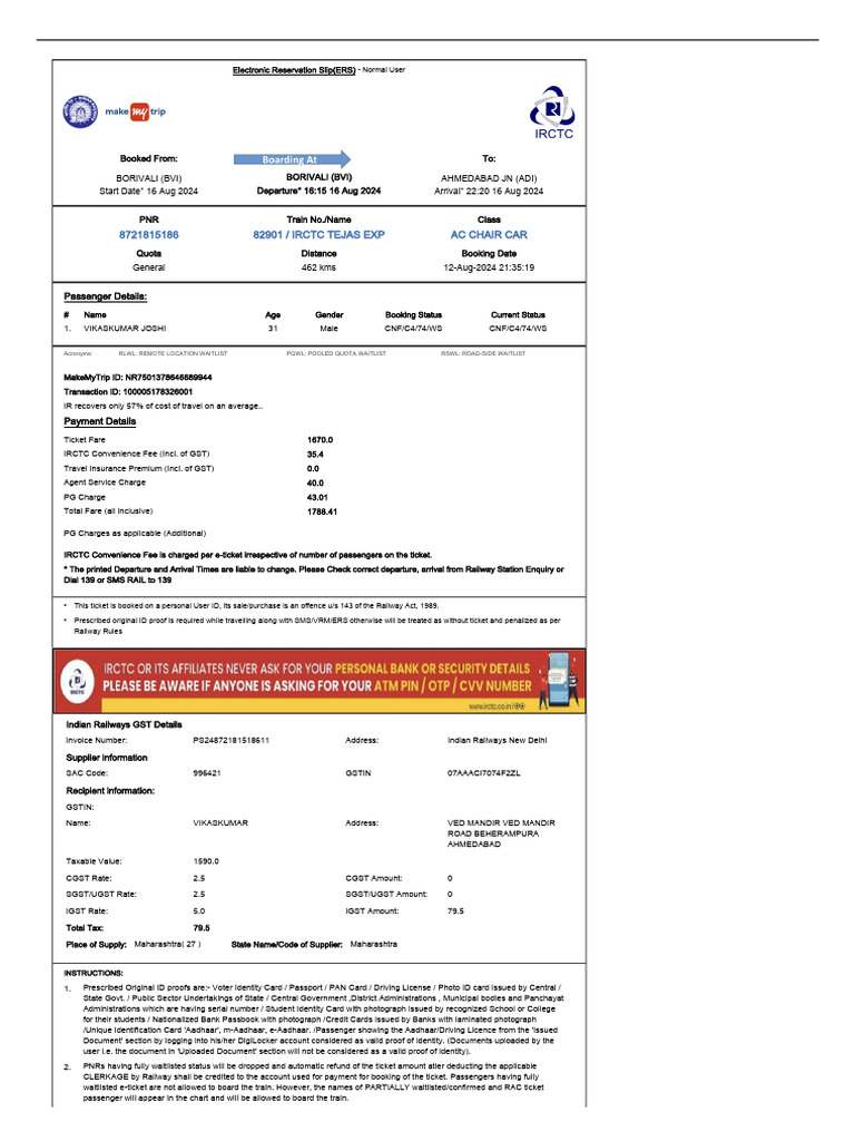 Electronic Reservation Slip for Train Travel | PDF | Identity Document