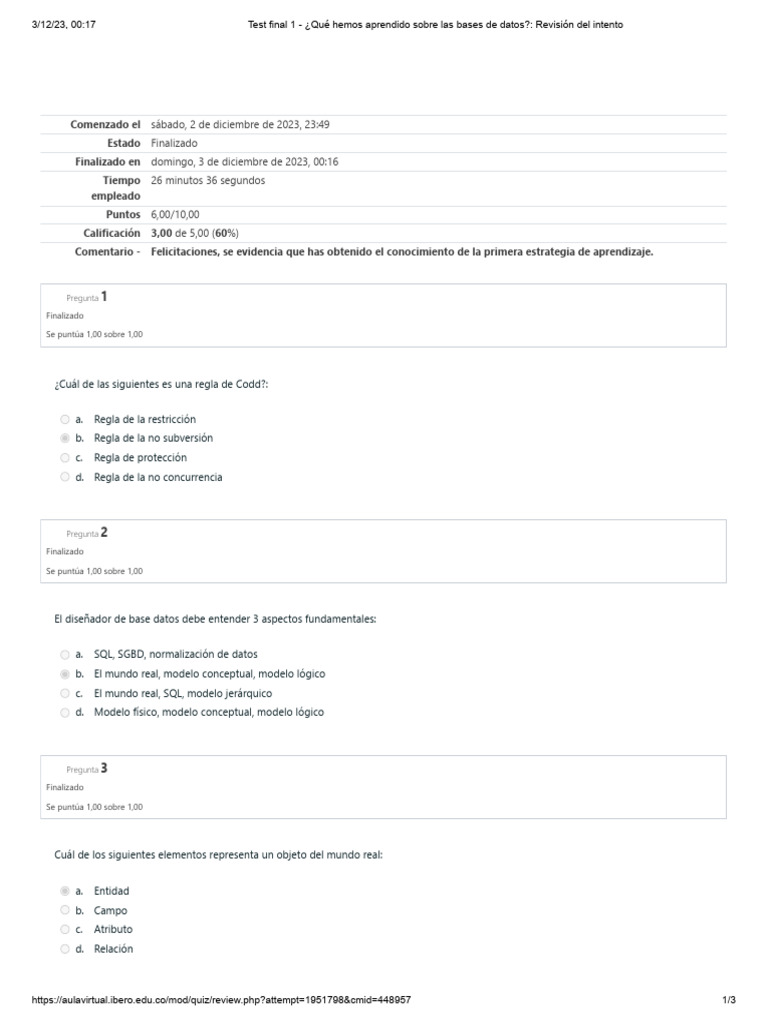 Test final 1 - ¿Qué hemos aprendido sobre las bases de datos | PDF ...