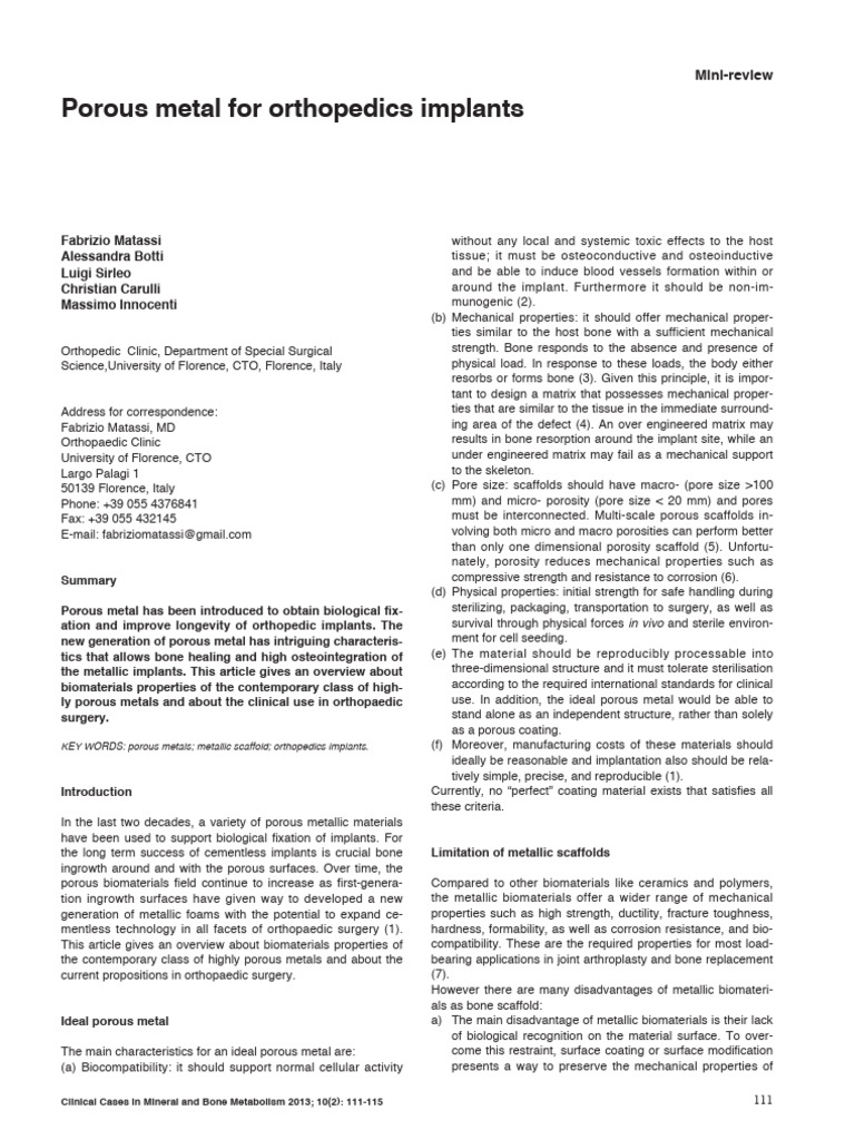 Porous Metal For Orthopedics Implants: Fabrizio Matassi Alessandra ...