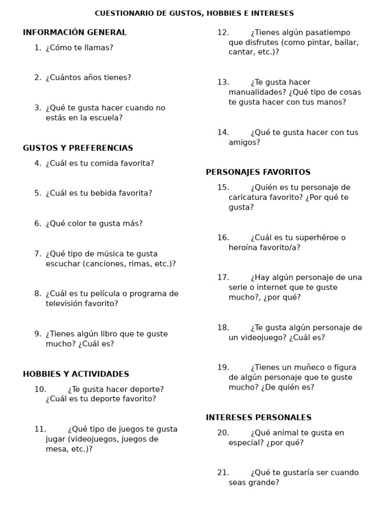 Cuestionario de Gustos y Hobbies | PDF