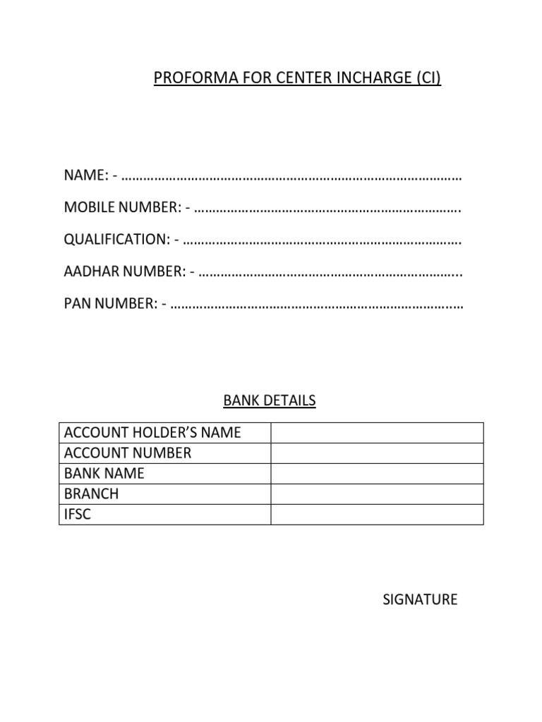 Proforma For Center Incharge | PDF