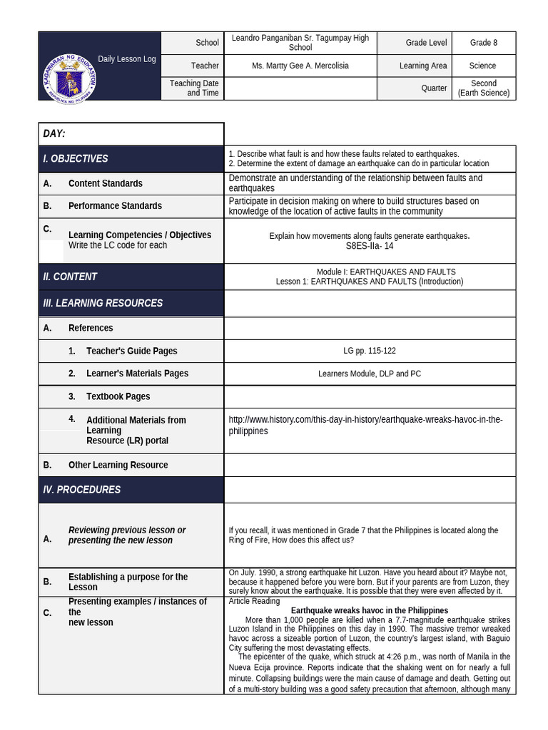 Grade 8 Earthquake and Fault Lesson Plan | PDF | Earthquakes | Learning