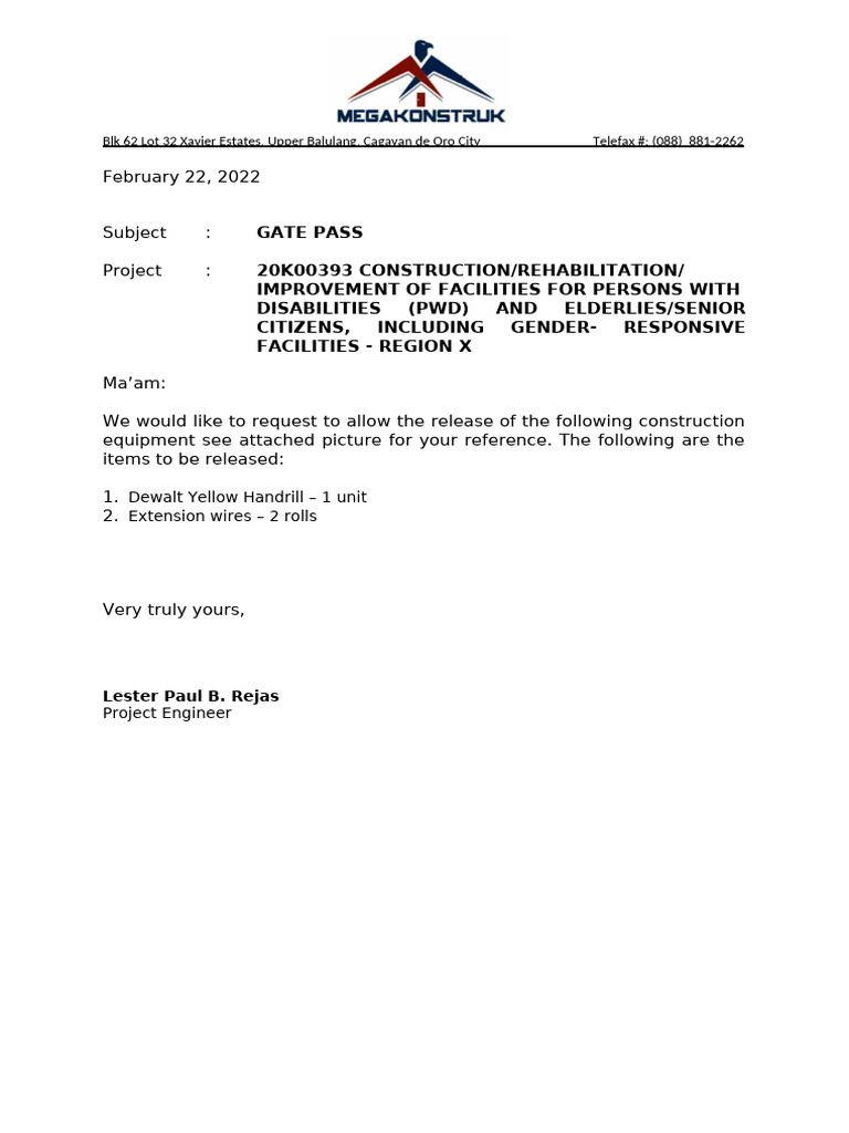 Gate Pass Request for PWD Facility Construction | PDF