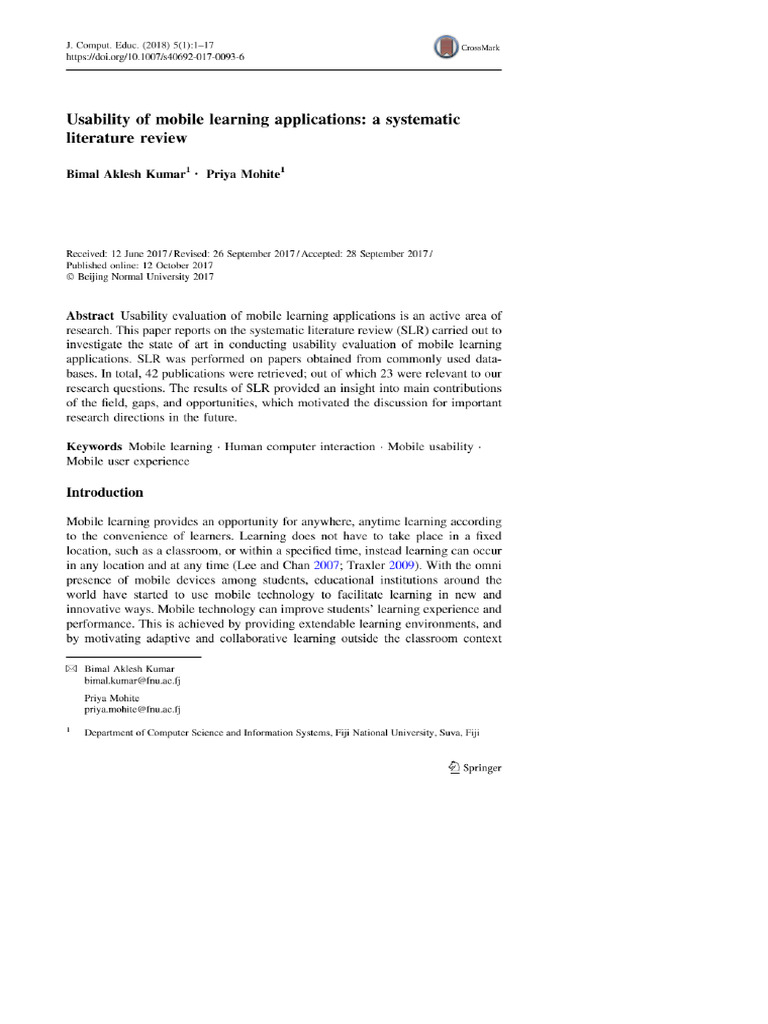 B A Kumar Usability Of Mobile Learning Applications A Systematic Literature Review Pdf