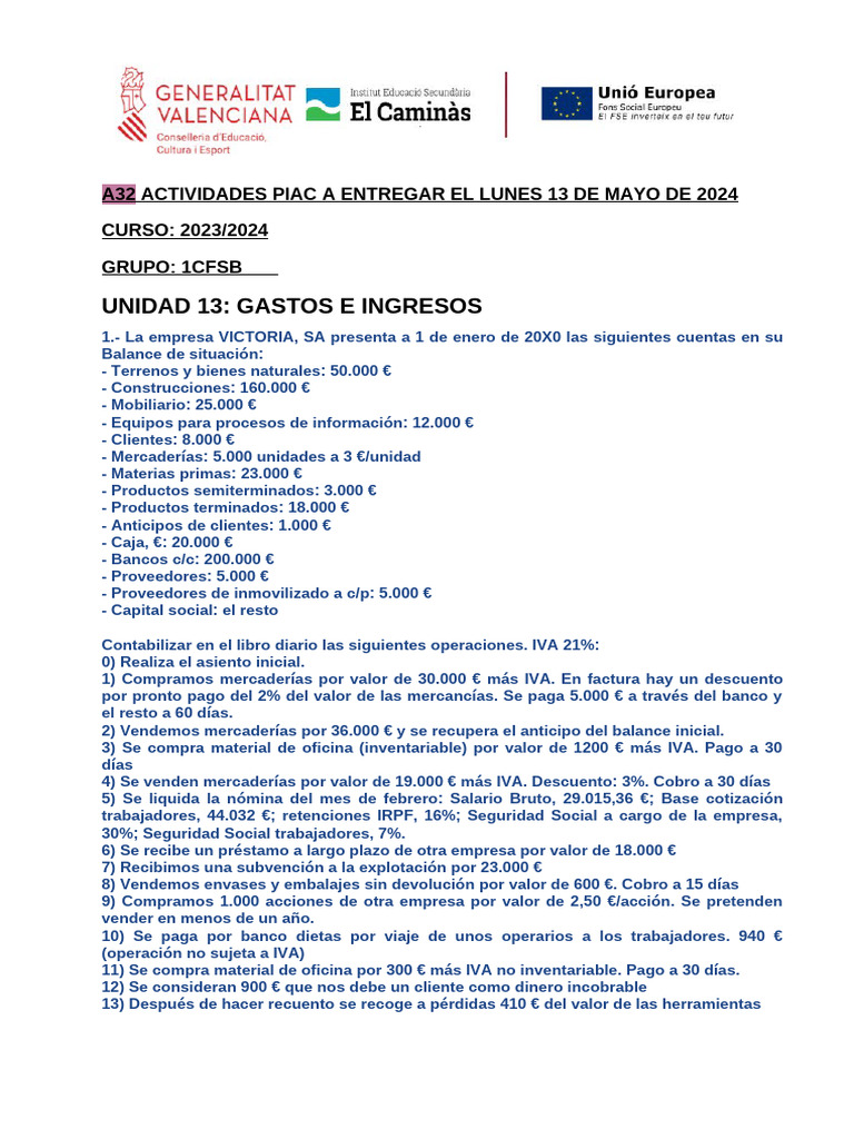 A32 Piac U13 Gastos e Ingresos | PDF | Contabilidad | Business