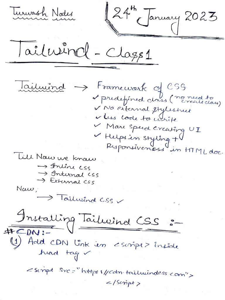 Tailwind CSS - Class 1 Handwritten Notes 1 | PDF | Computers ...