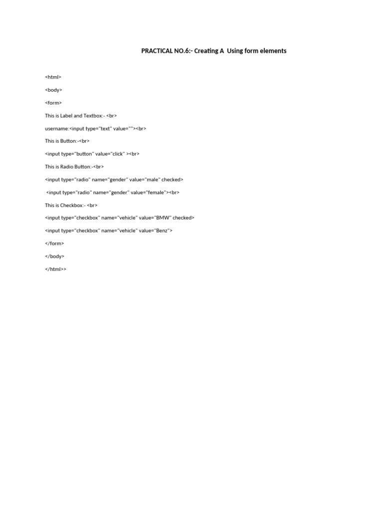 PRACTICAL NO.6:-Creating A Using Form Elements | PDF