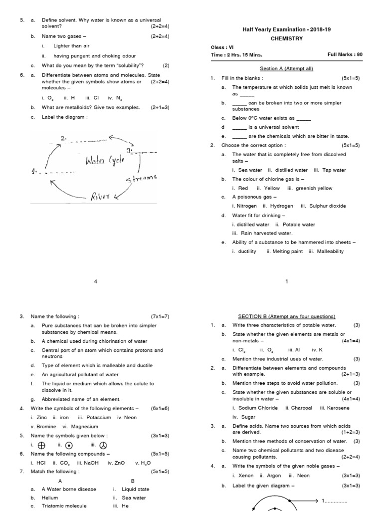 ICSE Class 6 Chemistry Exam Paper | PDF | Chemical Substances | Water