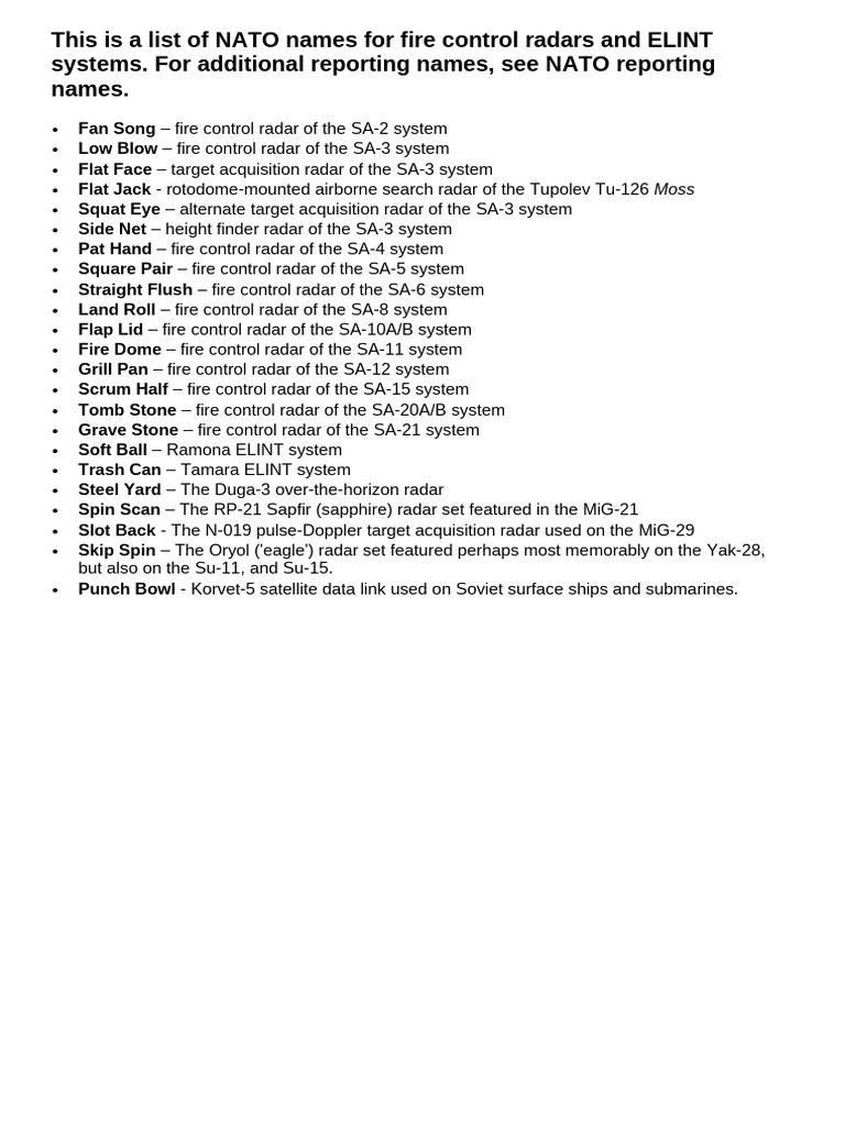 List of NATO Reporting Names For Equipment | PDF