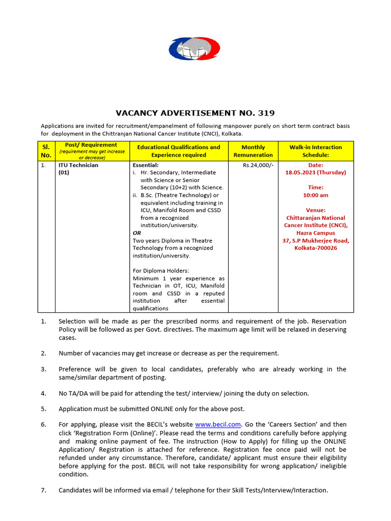 BECIL ITU Technician Recruitment 2023 | PDF | Cheque