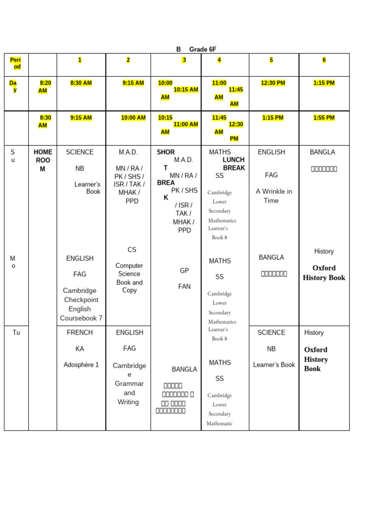 Grade 6F BOOK ROUTINE+ TIMETABLE | PDF