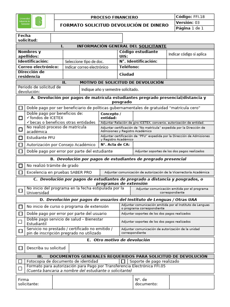 Ffi.18 Formato Solicitud Devolucion de Dinero | PDF | Documento de identidad