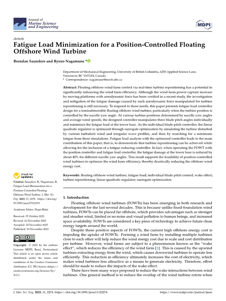 Fatigue Load Minimization For A Position Controlled Floating Offshore Wind Turbine Pdf Wind