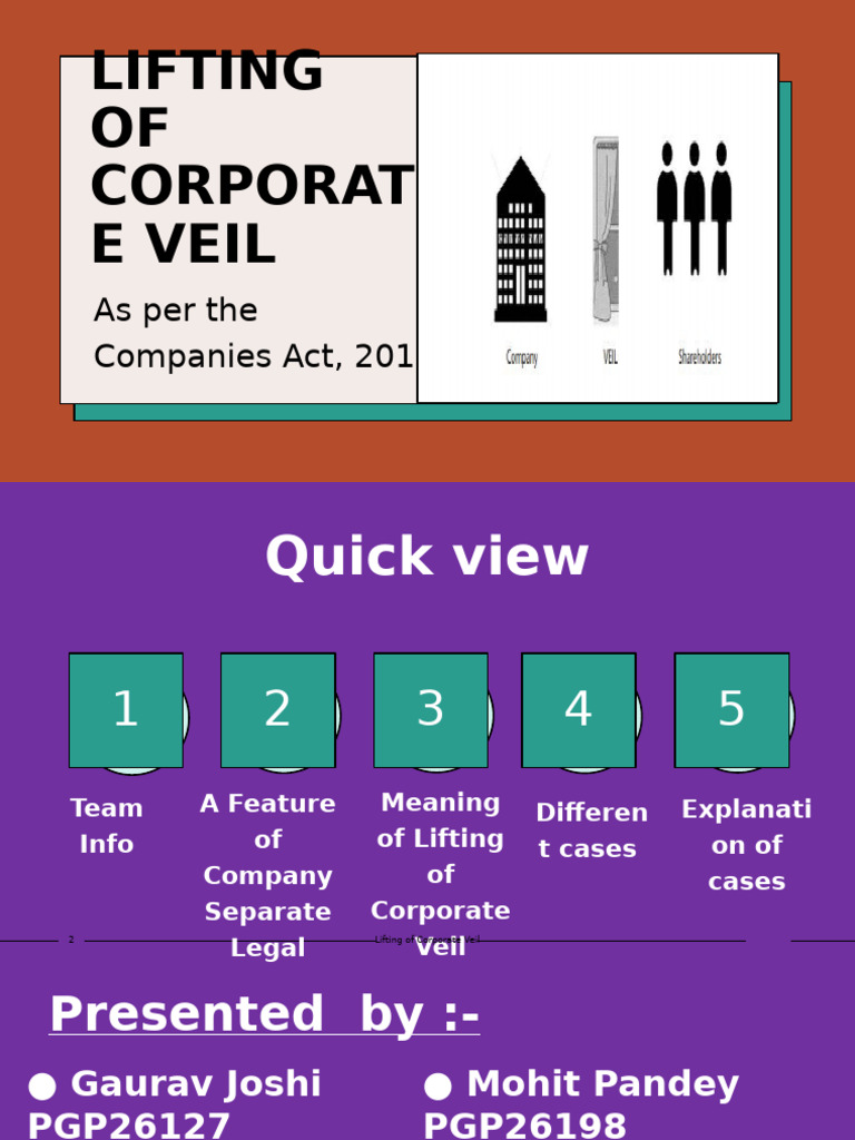 Lifting of Corporate Veil - Group Presentation | PDF | Piercing The Corporate Veil | Business