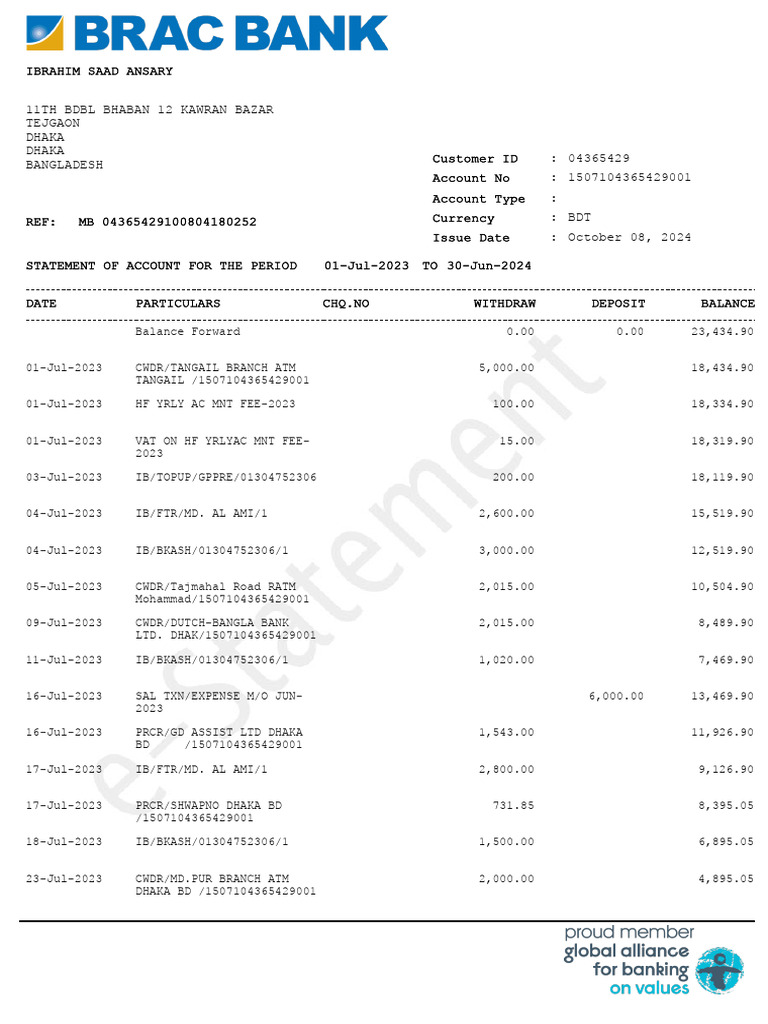 BRAC Bank Statement Summary 2023 | PDF | Financial Services | Banking
