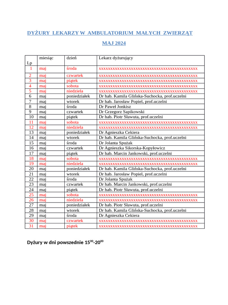 Lista Dyzur Maj 2024 vs2 | PDF