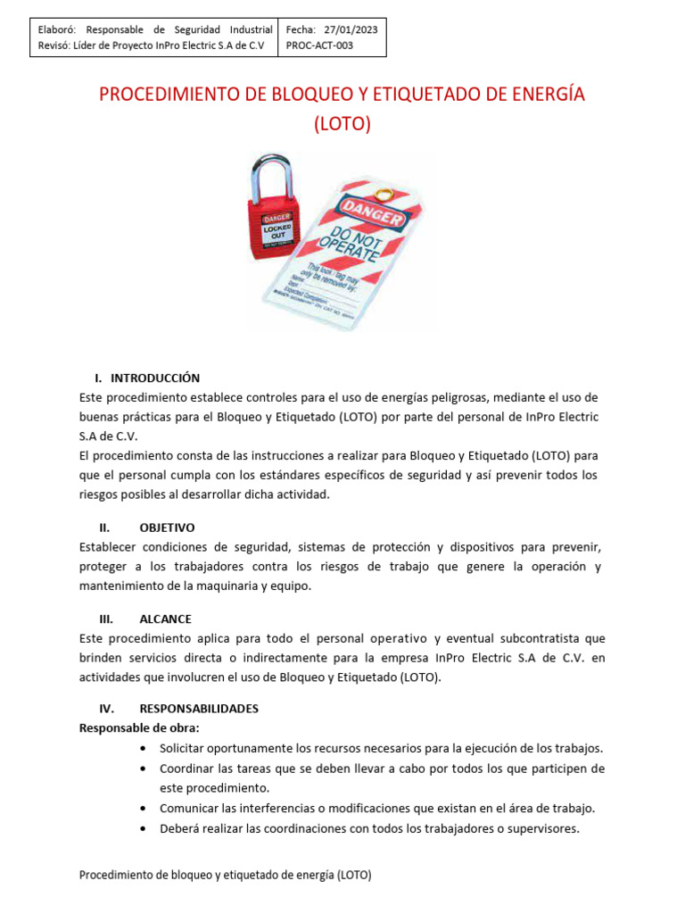 Procedimiento de Bloqueo y Etiquetado de Energía (LOTO) | PDF | Ingenieria Eléctrica