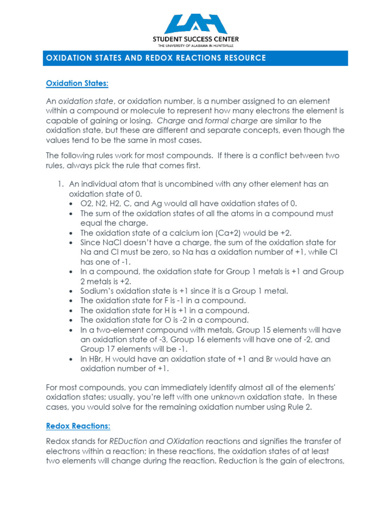 Oxidation States and Redox Reactions Resource 1 | PDF | Redox ...