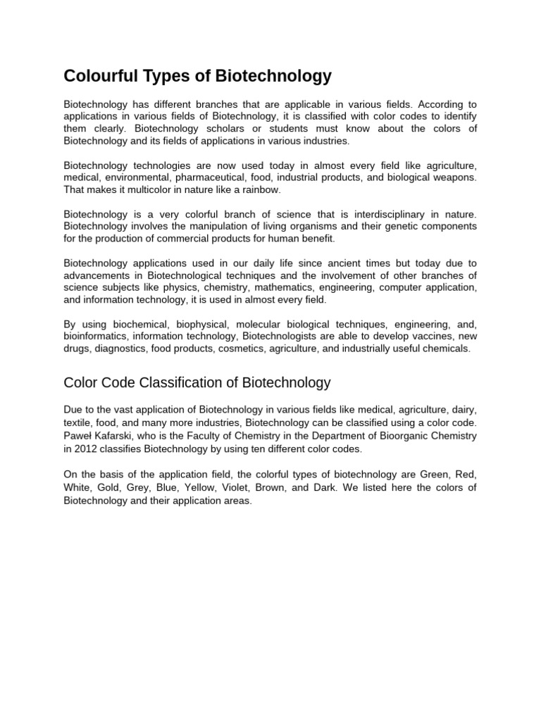 Colourful Types of Biotechnology | PDF | Biotechnology | Genetically ...