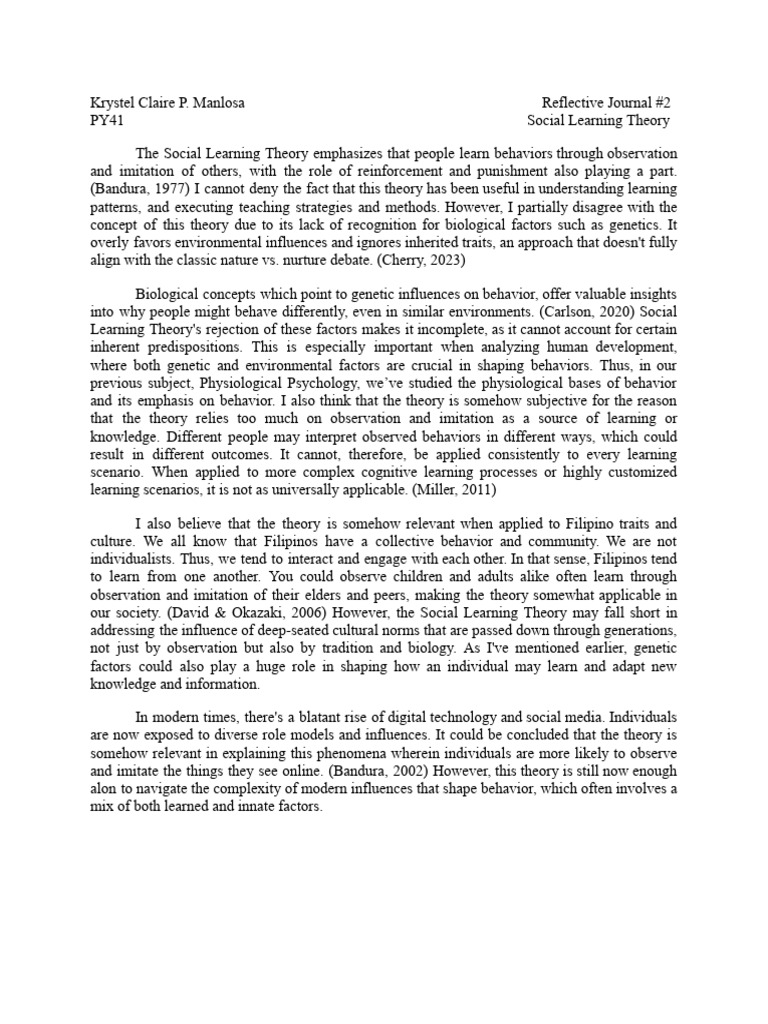 Manlosa - Reflective Journal 2 | PDF | Learning | Learning Theory ...