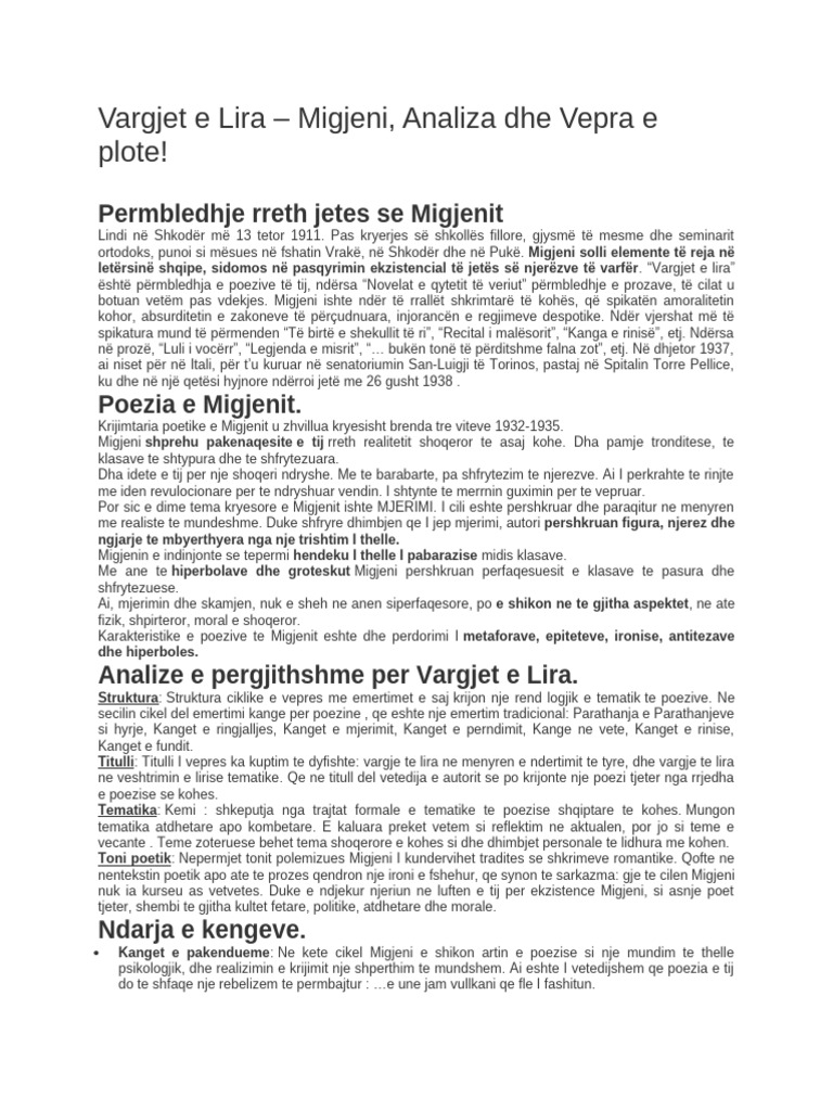 Migjeni Vargjet e Lira | PDF