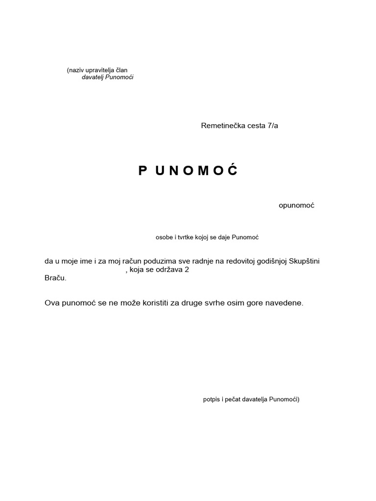 Punomoć Za Zastupanje Na Skupštini Brač | PDF