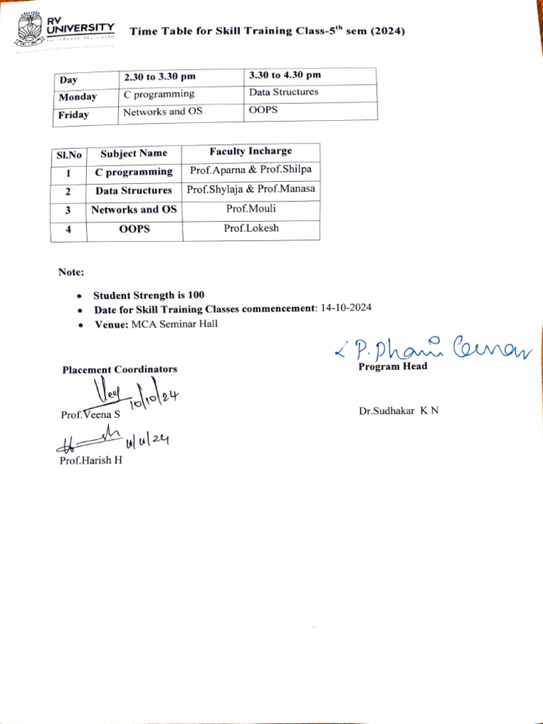 Time Table For Skill Training Class | PDF