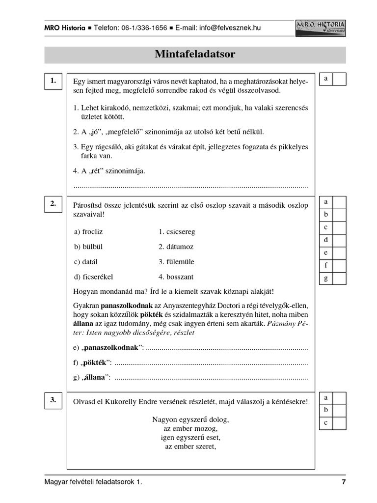 Valogatott Magyar Felveteli Feladatsorok 2 8 Oszt 1 Feledatsor 20201010 | PDF