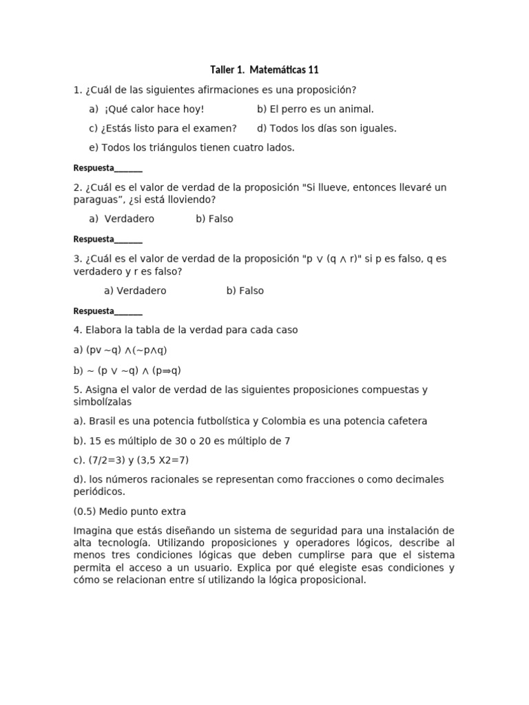 Taller 1 Matematicas 11 Proposiciones | PDF