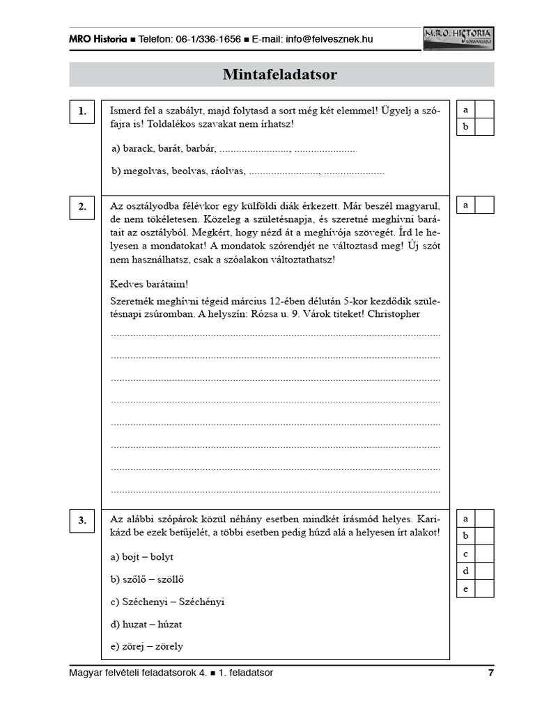 Valogatott Magyar Felveteli Feladatsorok 2 8 Oszt 11 Feledatsor 20201018 | PDF