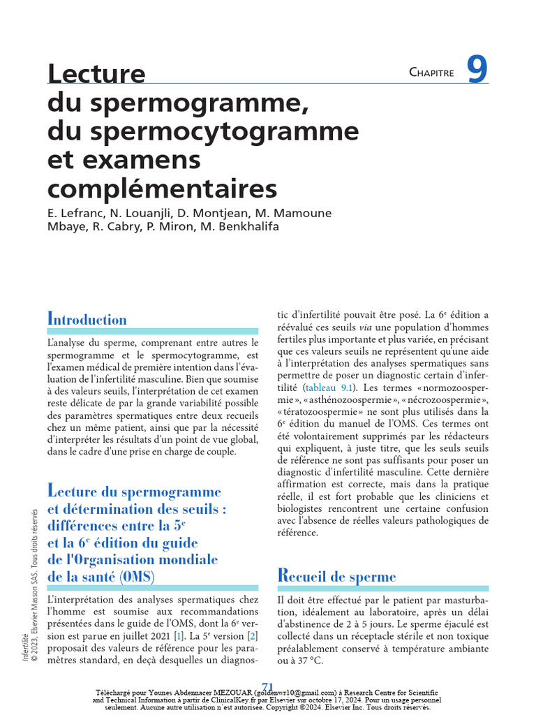 Interprétation du spermogramme OMS 2021 | PDF | Sperme