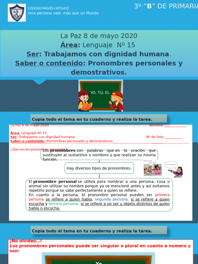 Pronombres: Guía para 3º Primaria | PDF | Género gramatical | Pronombre