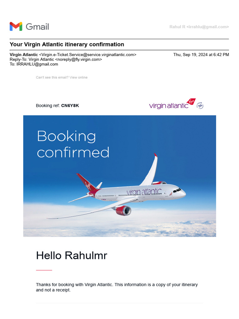 Your Virgin Atlantic Itinerary Confirmation | PDF | Aviation